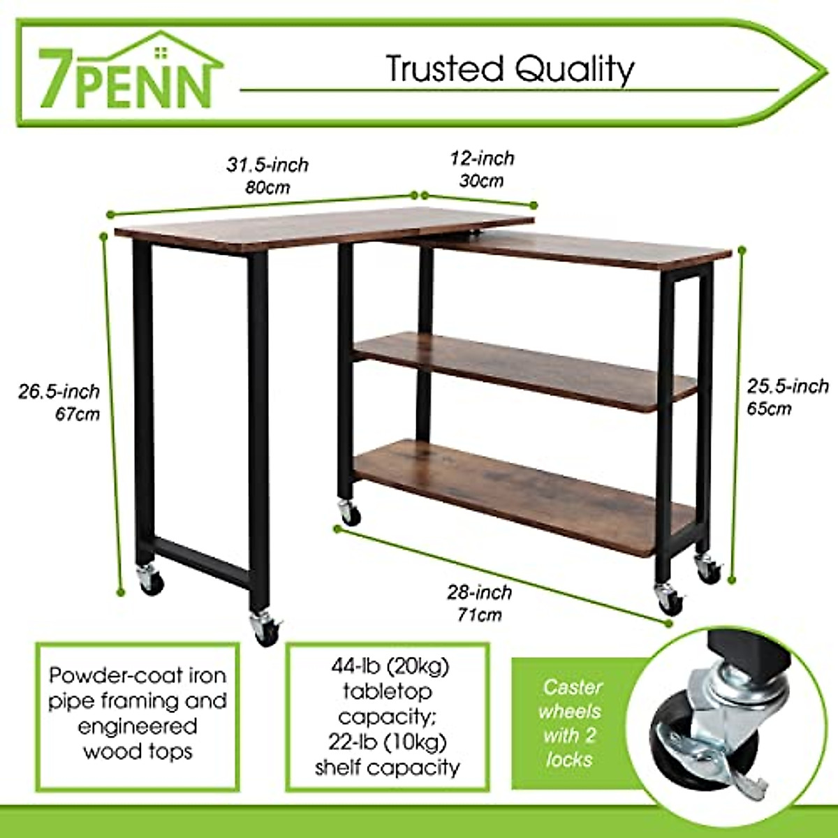 7Penn Side Couch Table Tray with Wheels - Office or Bedside 360 Degree Free Rotating Sofa Side Table Swivel Rolling Desk