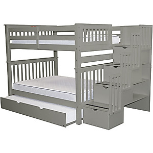Bedz King Stairway Bunk Beds Full over Full with 4 Drawers in the Steps and a Twin Trundle, Gray