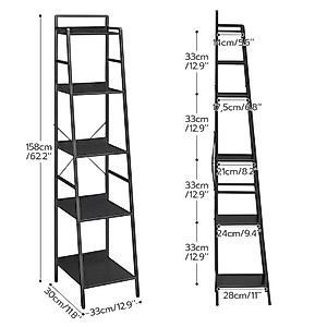 HOOBRO 5-Tier Ladder Shelf, Narrow Bookshelf, Industrial Bookcase, Skinny Bookshelf for Small Spaces, Corner Storage Shelf for Home Office, Living Room, Black BB35SJ01
