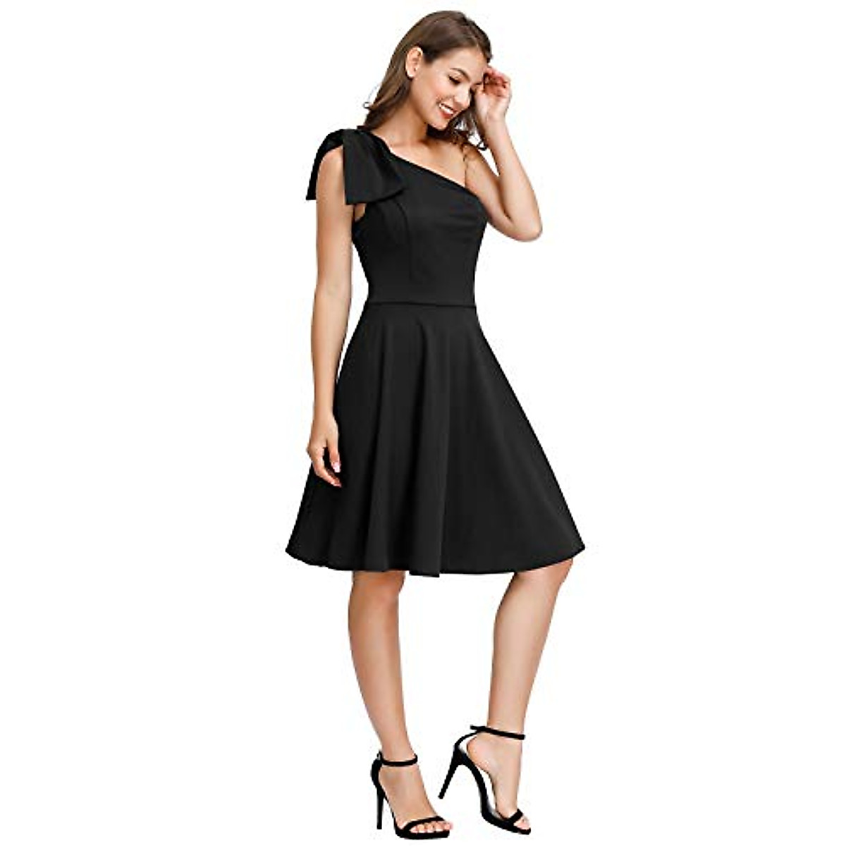 Black Fit and Flare Dress for Women with Pockets Vintage Cocktail One Shoulder Formal Dress Black M