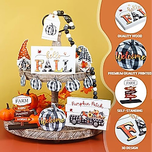 Soaoo 12 Pieces Fall Tiered Tray Decorations Set Wooden Hello Fall Pumpkin Gnome Truck Trays Signs for Autumn Holiday Thanksgiving Home Rustic Farmhouse Table Kitchen Decor (Black and White)