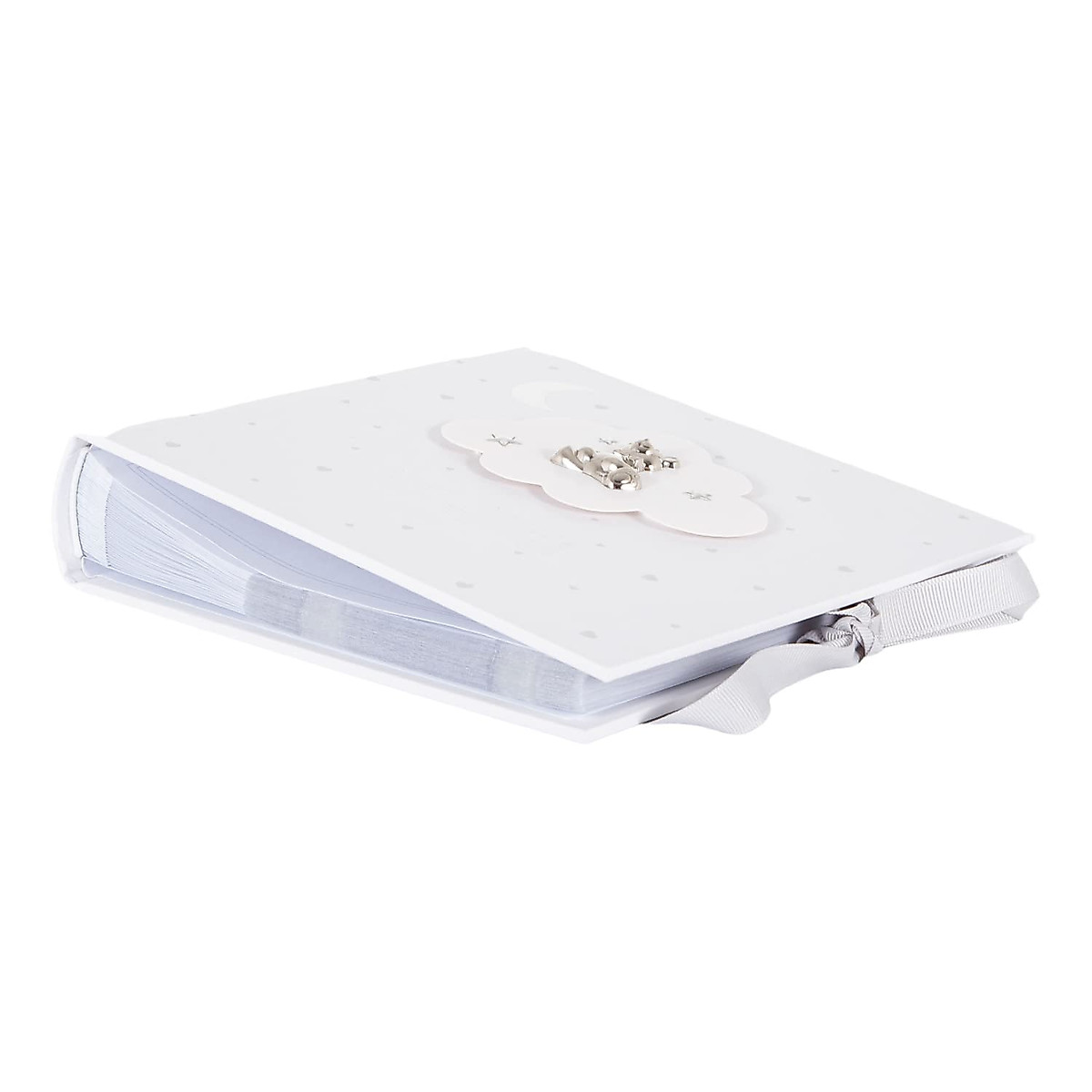 Happy Homewares Beautiful Ivory White Baby Shower Photo Album with Silver Plated Teddy Bear and Stars | Holds 80 Photos | Luxurious Grey Fabric Ribbon