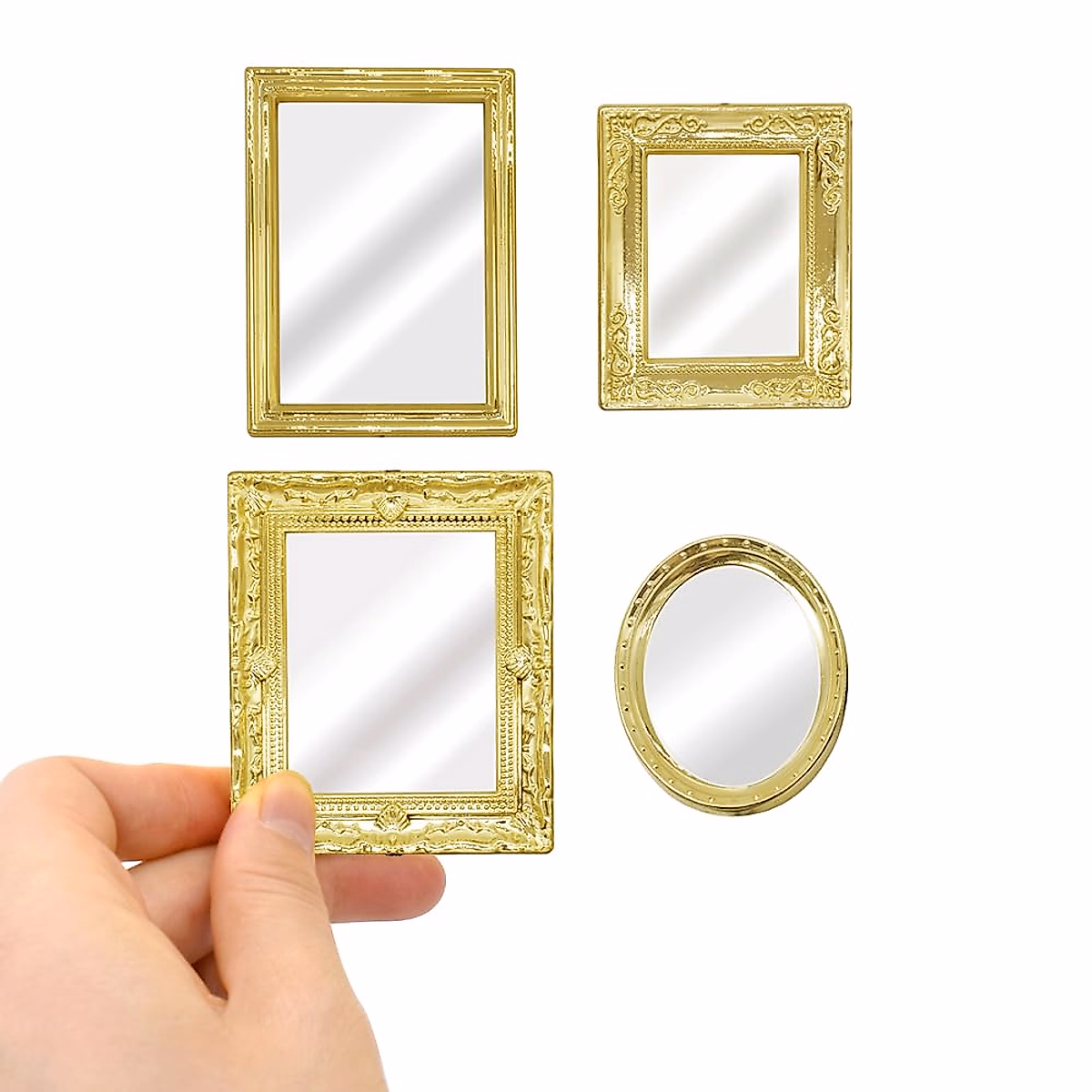 iLAND Mini Mirrors, Dollhouse Accessories on 1:12 Scale, Miniature Framed Glass Mirror (Bright Golden 4pcs)