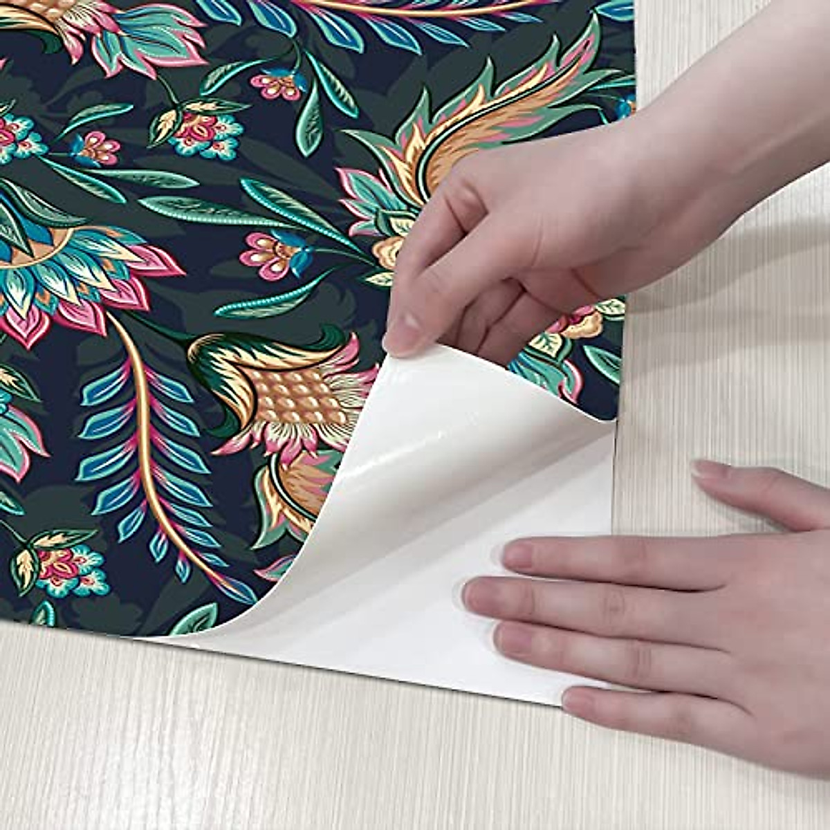 JiffDiff Floral Wallpaper Peel and Stick Vintage Wallpaper Paisley 17.3"x118" Navy Dark Blue/Pink Wallpaper Self Adhesive Contact Paper for Home Bedroom Cabinets Renter Friendly Wallpaper