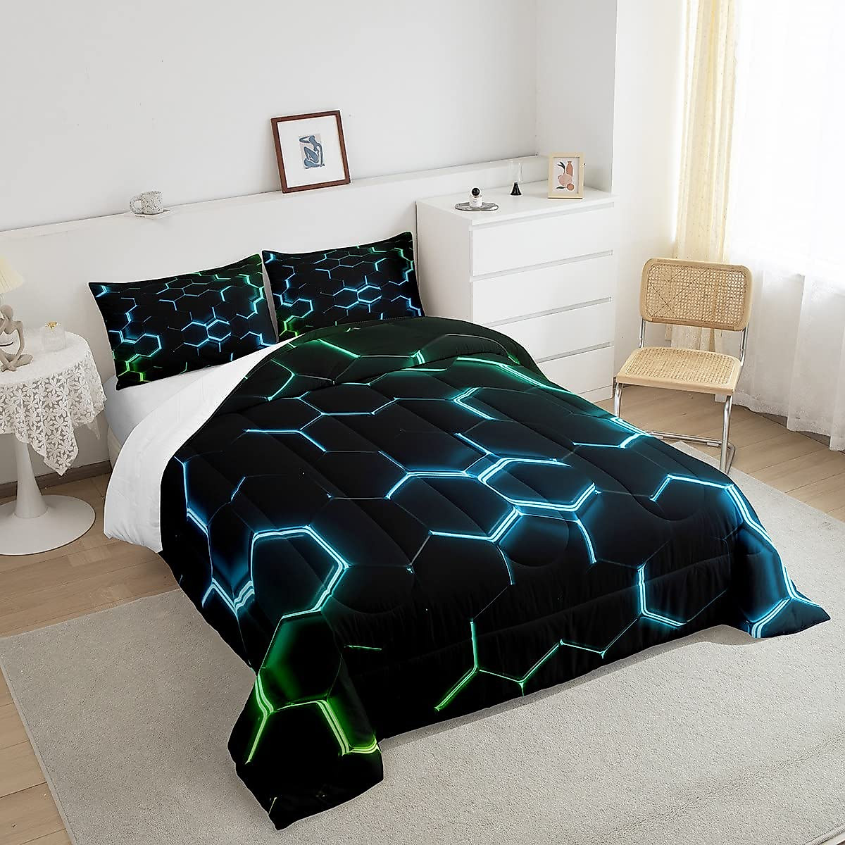 Teal Blue and Black Print Comforter Set Hexagonal Bedding Set Kids Boys Teens Honeycomb Decor Comforter Beehive Geometric Quilt Set Bedroom Collection 3Pcs Full Size