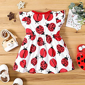 PATPAT Baby Girl Dress Cute Newborn Infant Girls Ruffle Sleeve Bowknot Dress Princess Casual Dress Ladybug 6-9 Months