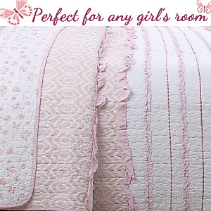 Cozy Line Home Fashions Pretty in Pink Girly Ruffle Stripped 100% Cotton Reversible Quilt Bedding Set, Coverlet, Bedspread (Pink Princess, Twin - 2 Piece: 1 Quilt + 1 Sham)
