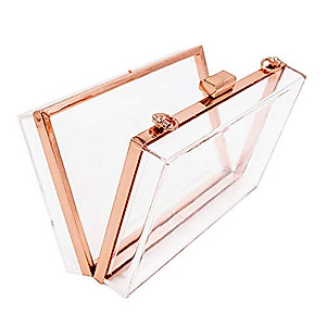 Premium Transparent Clear Acrylic Hard Box Clutch Bag Evening Shoulder Handbag, Rose Gold One Size