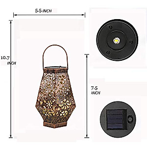 WSgift 2 Pack Hanging Solar Lantern Metal LED Table Lamp Outdoor Solar Hollow-Out Lights with Handle, 6 lumens, 5.5 x 5.5 x 7.5 Inch, Antique Bronze