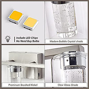 stambord Bathroom Light Fixtures, 5 Light Brushed Nickel Bathroom Vanity Light Over Mirror, 3 Color LED Vanity Lights with Crystal Bubble Glass, Dimmable Wall Sconce Lighting for Bathroom，Living Room