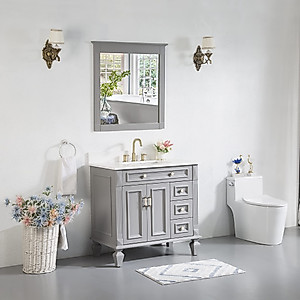 WELLFOR 36" Bathroom Vanity with Sink and 32" Mirror Set, Large Wood Vanity Combo with Doors and Drawers, Freestanding Bath Vanity Cabinet in Titanium Grey with Quartz Countertop and Certified Sink