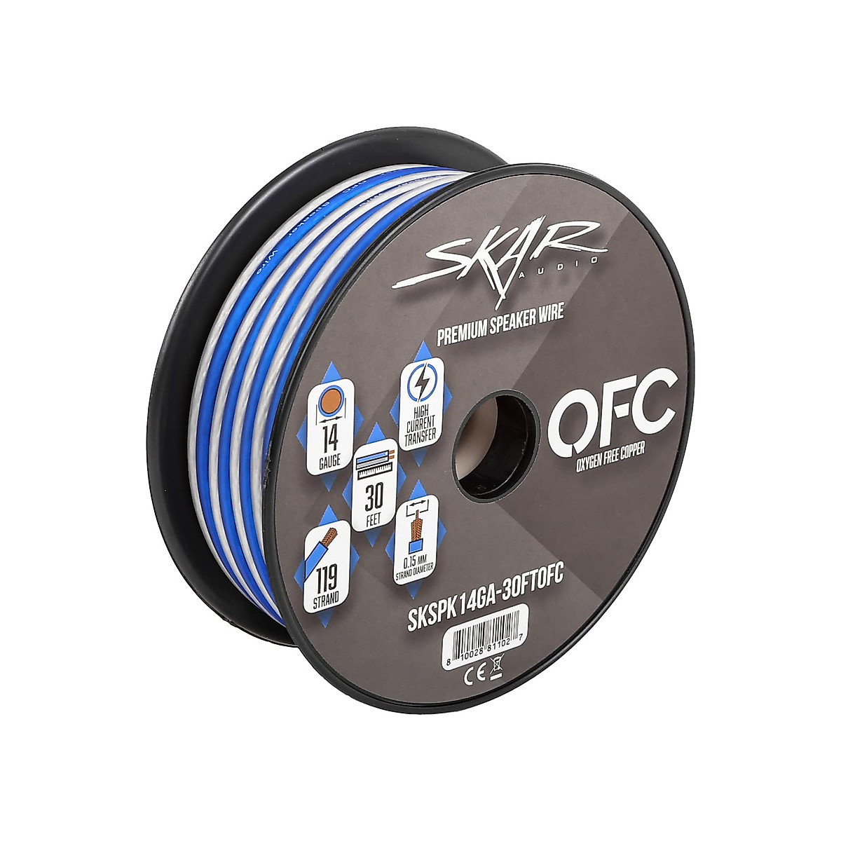 Skar Audio 14 Gauge (AWG) Elite Oxygen-Free Copper Audio Speaker Wire - 30 Feet (Blue/White)