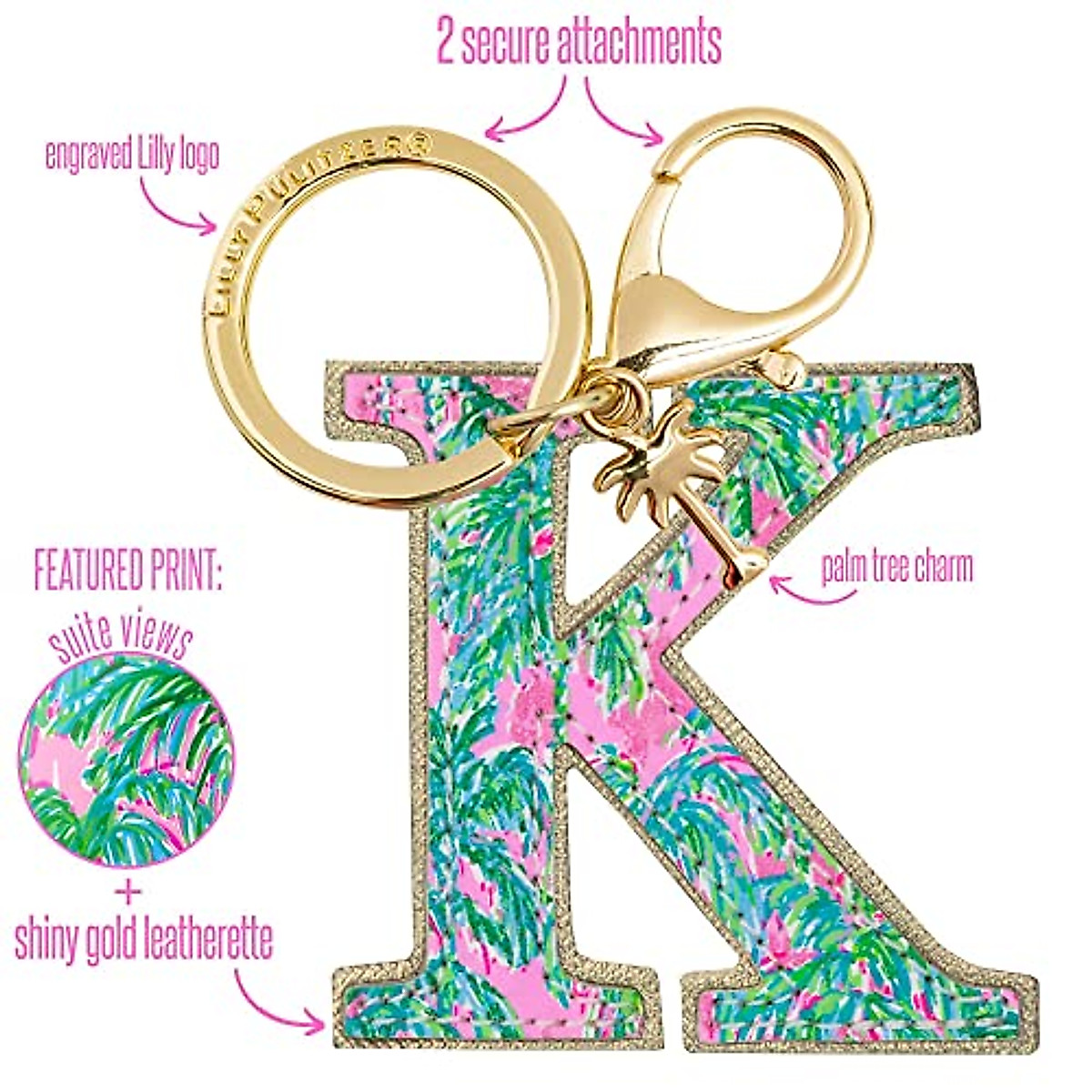 Lilly Pulitzer Leatherette Initial Keychain, Letter Bag Charm for Women, Suite Views (K)