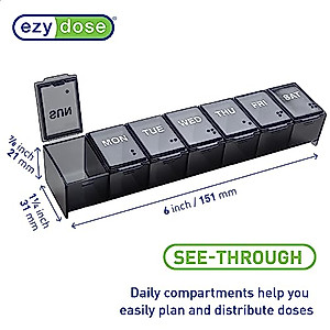 EZY DOSE Weekly (7-Day) Pill Case, Medicine Planner, Vitamin Organizer Box, Convenient and Easy to Use, Large Compartments, Travel Friendly, Black, Made in the USA, BPA Free