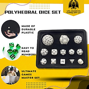 Grinning Gargoyle – 13x Deluxe Poly RPG Dice Set - Perfect for DND 5th Edition Pathfinder Starfinder Cyberpunk and Blades in The Dark – Includes a Giant 45mm 100 Sided Polyhedral Die or D100 (White)