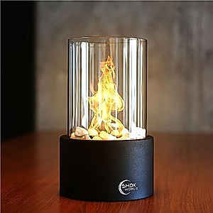 Shok World Concrete Tabletop Fireplace with Glass Stone - Portable Fire Pit Indoor & Outdoor Fireplace for Patio - Decorative Tabletop Fire Pit with Windproof Glass Cover - Bio Ethanol Ventless