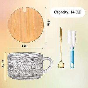 megarte Vintage Glass Coffee Mugs - 14 Oz Embossed Glass Mugs with Bamboo Lids and Golden Spoons Set Of 4 - Coffee Cups for Cappuccino, Latte, Cereal, Yogurt, Tea Christmas Thanksgiving Gifts
