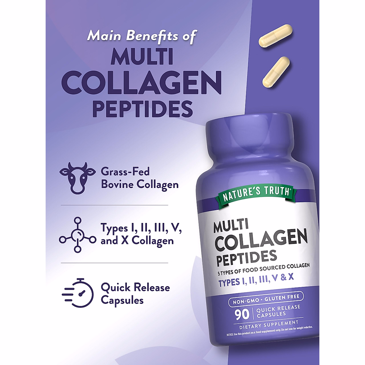 Nature's Truth Multi Collagen Peptides Capsules | Types I, II, III, V, X | 2000 mg | 90 Count | Keto Friendly | Non-GMO and Gluten Free Supplement