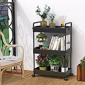 SOLEJAZZ Rolling Storage Cart, 3 Tier Utility Cart Mobile Slide Out Organizer, Bathroom Standing Rack Shelving Unit Organizer for Kitchen, Bathroom, Laundry Room, Black