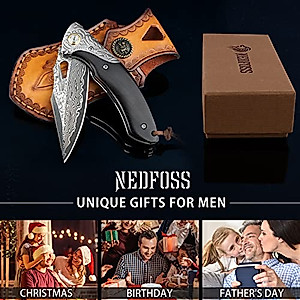 NedFoss Damascus Pocket Knife for Men, Handmade Forged VG10 Damascus Steel Blade Folding Knife with Retro Leather Sheath, Sandalwood Handle, Pocket Clip, Excellent Gifts for Men
