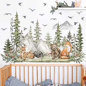 Amaonm 4 Sheet of 12x36 inch Giant Mountain Forest Tree Wall Decal Woodland Deer Bear Fox Birds Wall Stickers 3D DIY Peel and Stick Jungle Wild Animal Pine Wall Decor for Kids Boys Bedroom Playroom Living Room Classroom Decoration (Pine)