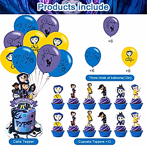 YACANNA Coraline Birthday Party Supplies, Coraline Theme Birthday Party Decorations, Includes Cupcake Toppers Banner ,18 Balloons and Coraline Swirls,Cute Coraline Theme for Birthday Party