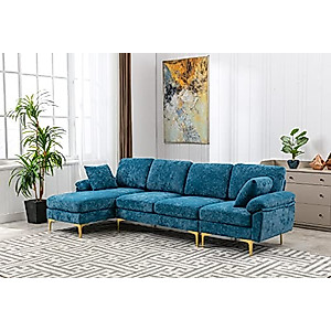 EMKK Modern Sectional Sofa L/U Shaped Couch with Extra Wide Chaise Lounge and Gold Legs Upholstered Modular Convertible Sofá Living Room Furniture for Home or Office,Teal Blue, 114.4253.9433.46 INCH
