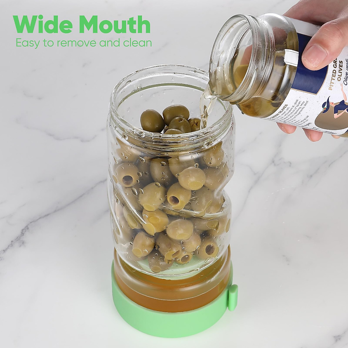 fruui Glass Pickle Jar with Strainer Flip and Stainless Steel Fork, 36oz Leakproof Airtight Pickle Container with Strainer, Hourglass Pickle Juice Separator Jar for Capers, Olive and Jalapenos