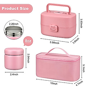 Pawtong Bento Lunch Box with 8oz Soup Thermo, Kids Sustainable Bento Box Leakproof Lunch Food Containers with Lunch Bag, Kids Thermo Insulated Hot Food Jar for School, Trvael (Pink)