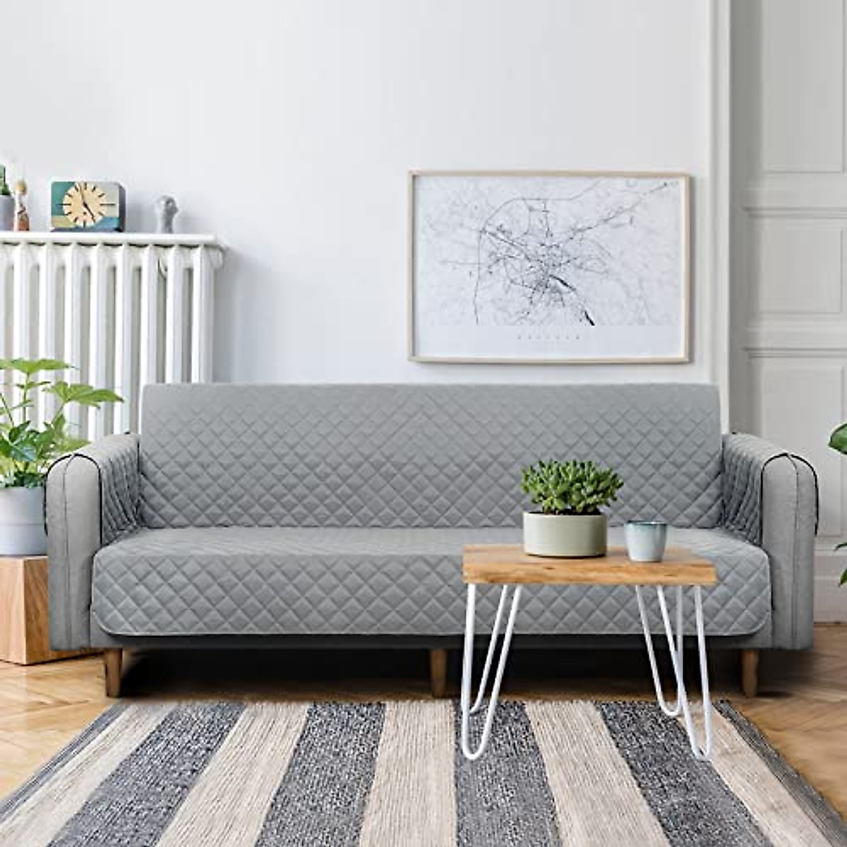 Yastouay Reversible Quilted Sofa Cover, Waterproof Couch Cover for 3 Cushion Couch Sofa, Washable Sofa Slipcover Furniture Protector with Non-Slip Foam and Elastic Strap for Dogs, Pets, Kids, Gray