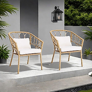 ME2 Outdoor Set of 4 Patio Dining Chairs, Bamboo Wove Dinning Chairs with Cushion,Outdoor Seating Set for Backyard, Poolside, Balcony, Indoor,Garden