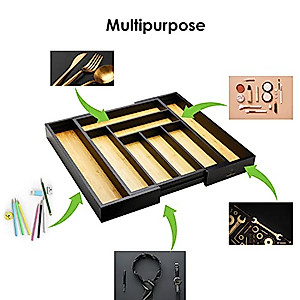 Cozee Bay Bamboo drawer organizer, utensil holder, silverware organizer, and adjustable cutlery tray with drawer dividers, for kitchen, office desk, and bathroom storage (Black)