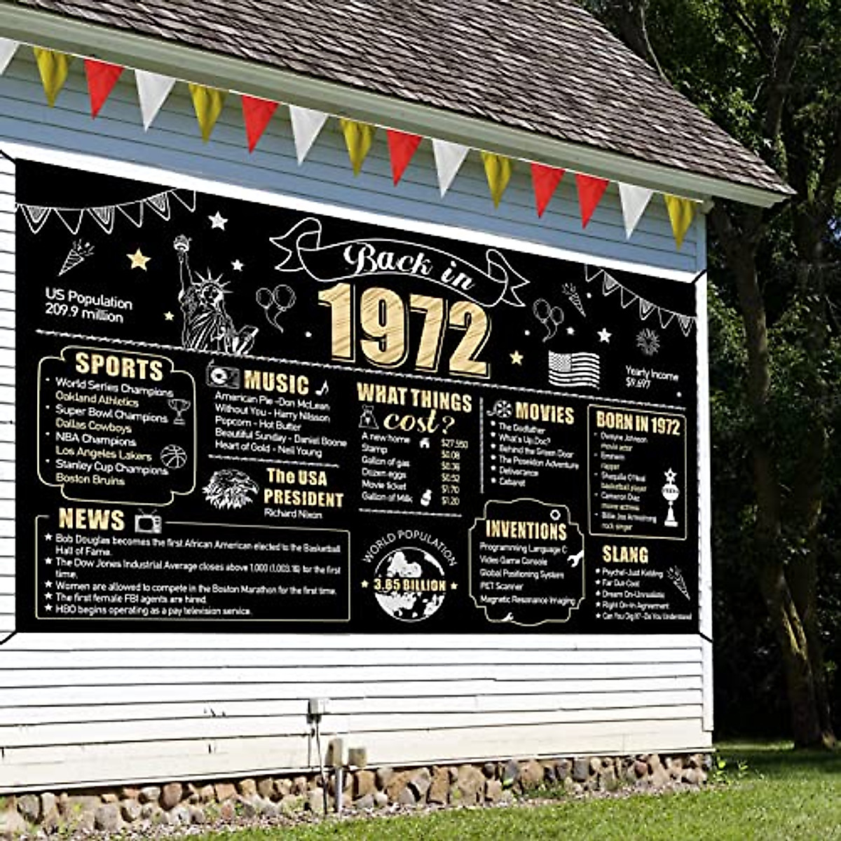Large 51st Birthday Banner Backdrop Decorations for Men Women, Black Gold Back in 1972 51 Birthday Sign Party Supplies, Happy Fifty-one Birthday Background Decor for Outdoor Indoor