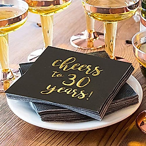 50 Pack Cheers to 30 Years Cocktail Napkins for 30th Birthday, Anniversary Party Supplies, 3-Ply, Black and Gold Foil (5 x 5 In)