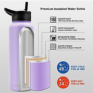 NATURE PIONEOR Insulated Water Bottles with Paracord Handle - 24/32/40/64 oz Vacuum Sports Wide Mouth Water Bottle with 3 Lids, Leak Proof Stainless Steel Keeps Hot and Cold