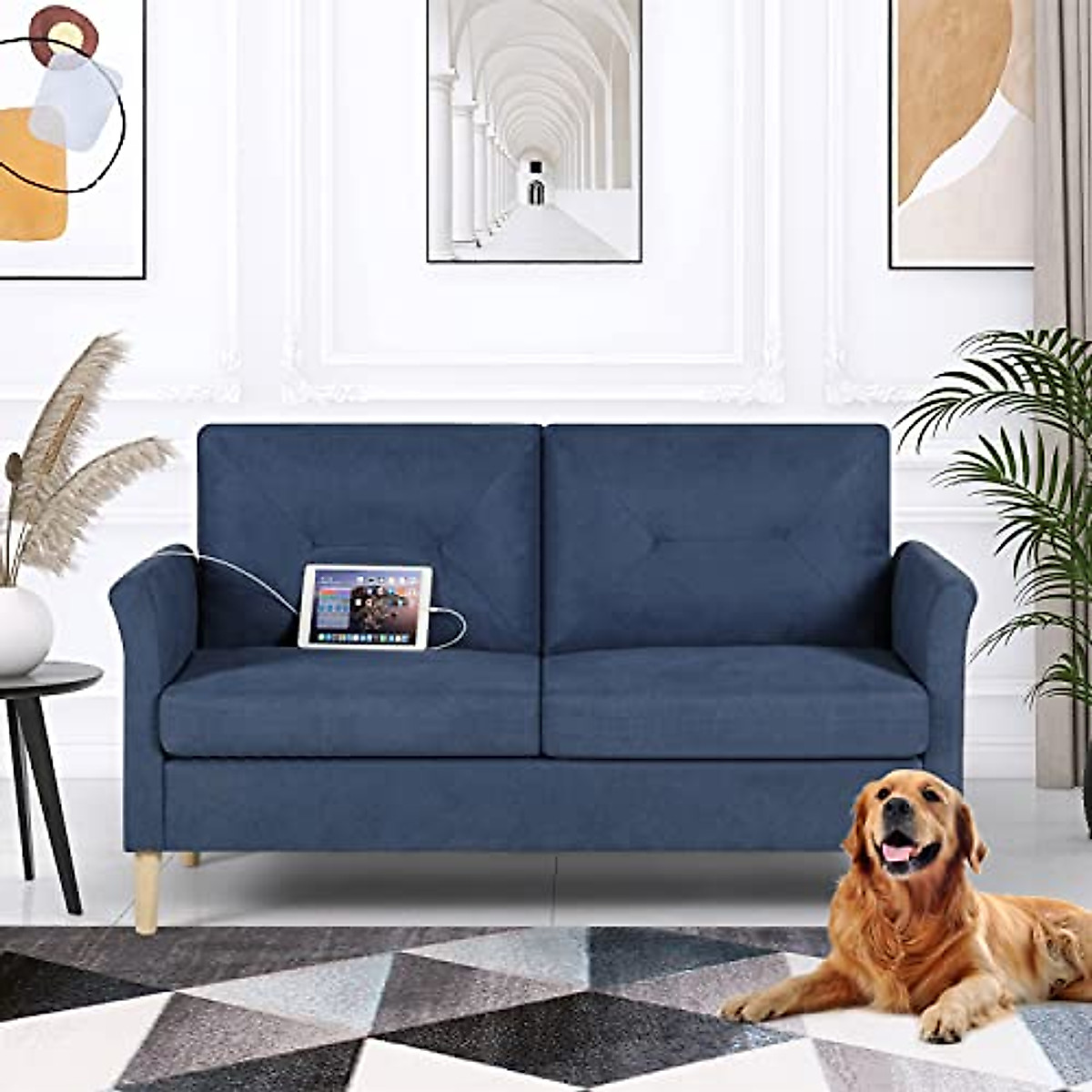 AILEEKISS 58" Fabric Loveseat Sofa with 2 USB Charging Ports Love Seat Sofas Couches for Living Room, Bedroom, Office, Small Spaces, Easy Assembly (Navy(2-Seat))