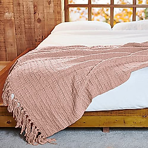 PANDATEX Thick Chunky Pink Knitted Throw Blanket for Couch Chair Sofa Bed, Chic Boho Style Textured Basket Weave Pattern Blanket with Decorative Fringe, 50"x60"