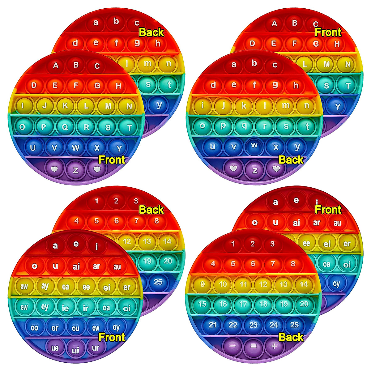Proweber Alphabet Pop Fidget Toy Letters ABC Numbers Learning and Educational Toy Round Sensory Toys Popper Games Gift for Kids ADHD 4 Packs Double Side(2 Phonetics Numbers and 2 Uppercase Lowercase)