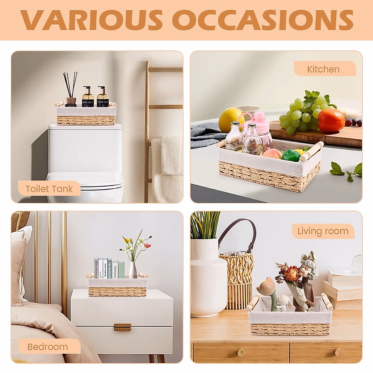 Small Baskets for Organizing,Decorative Water Hyacinth Wicker Storage Basket for Shelves,Toilet Paper Storage Baskets for Bathroom,Living Room,Entryway,Set of 2(Color:Wood)