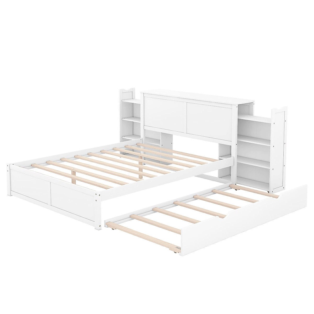 DRELOFT Storage Platform Bed Frame Queen with Pull Out Shelves and Twin XL Size Trundle, Wooden Platform Bed with Storage Headboard for Bedroom, No Box Spring Needed, Easy Assembly, White