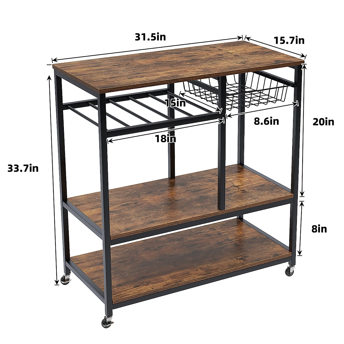 SogesHome 4-Tier Bar Cart Storage Cart, Utility Bar Serving Cart Kitchen Island Rolling Cart on Wheels with Shelves for Living Room, Office, Coffee