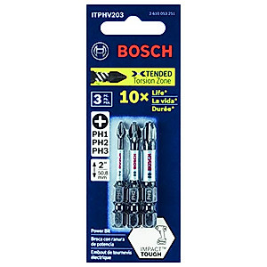 BOSCH ITPHV203 3-Piece 2 In. Phillips Impact Tough Screwdriving Power Bits Assorted Set