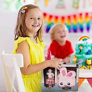 deAO Rabbit Bunny Plush Bag with 11.5" Fashion Doll, Cute Animal Backpack Cosmetic Purse Storage Bag, Doll with Fashion Plush Clothes Playset, Adjustable Strap Pink Fluffy Bunny Handbags for Girls