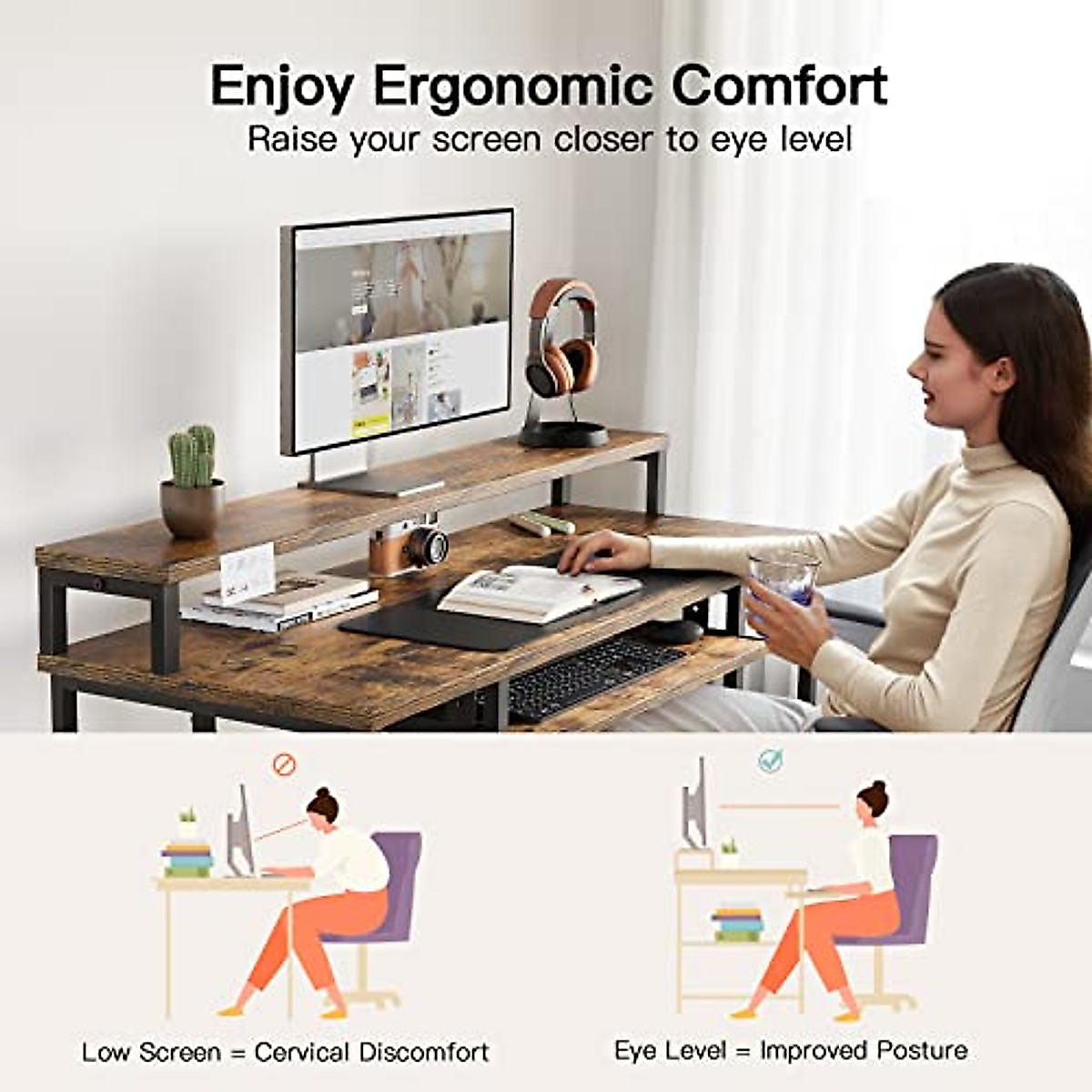 NOBLEWELL Computer Desk with Storage Shelves, 47 inch Home Office Desk with Monitor Stand, Writing Desk Table with Keyboard Tray (Rustic Brown)