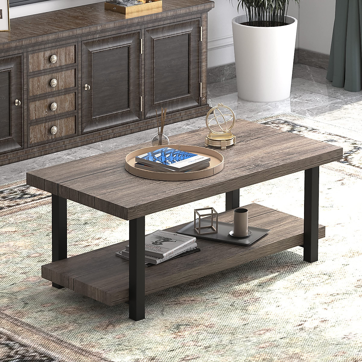 charaHOME Coffee Table Rustic Vintage Industrial Design Sturdy Metal Frame Legs Sofa Table Cocktail Table with Storage Bottom Open Shelf for Living Room, Easy Assembly, 42"x 22", Gray Brown