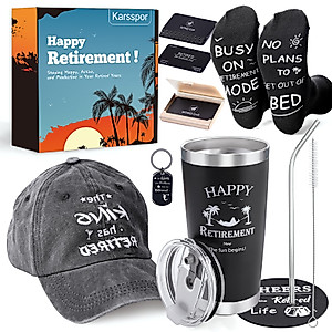 Karsspor 7 PCS Retirement Gifts for Men, Retirement Gift With Insulated Tumbler, Baseball Cap, Socks, Funny Business Cards, Leather Coaster, Key Chain, Great Retirement Gift For Retirees