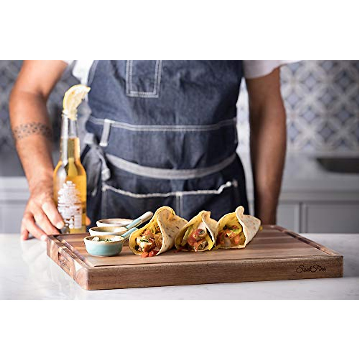 PREMIUM ACACIA Cutting Board & Professional Heavy Duty Butcher Block w/Juice Groove - Extra Large (17"x13"x1.4") Organic, End Grain Chopping Block. Ideal Serving Tray for Meat & Cheese