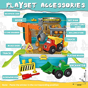 KAEGREEL Construction Vehicles Toys for Boys, 60PCS Take Apart Trucks Engineering Building Excavator Crane DumpToy Set with Backpack, STEM Birthday Gifts for Kids Aged 3 4 5 6 8 Year Old Toddlers