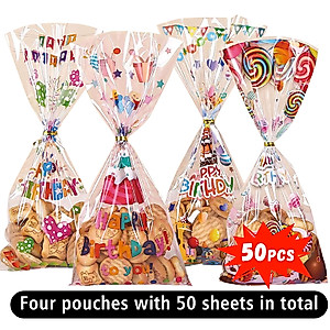 Totelux Happy Birthday Cellophane Gift Bags Clear Candy Bags Plastic Treat Goodies Bags with Ties for Cookies Gift Packaging Birthday Party Supplies 50PCS