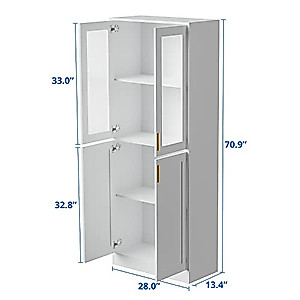 Cozy Castle China Cabinet For Office Storage, Pantry with Acrylic Glass Doors and Adjustable Shelves, 70" Tall Display Bookcase, White